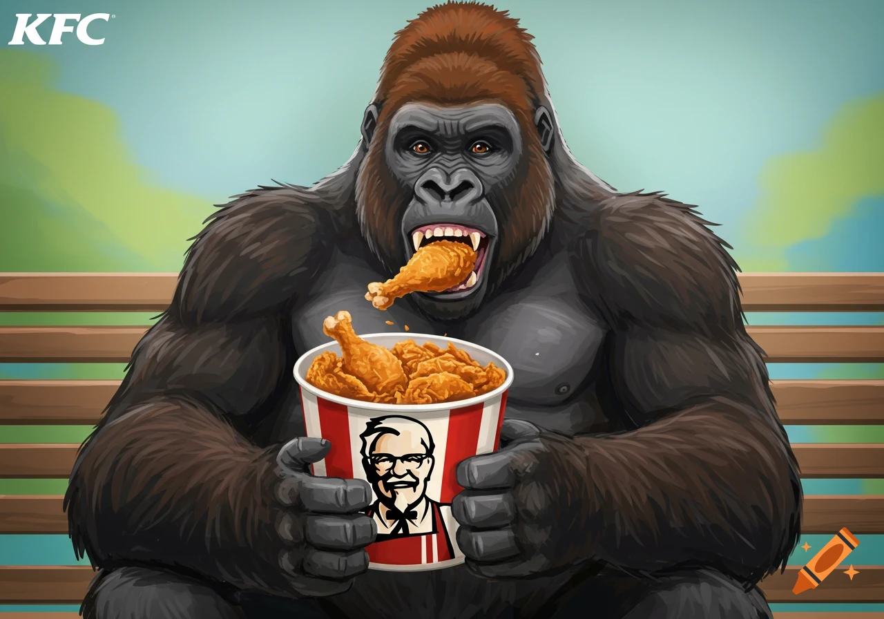An illustration of a gorilla sitting on a bench eating fried chicken from a KFC bucket. on Craiyon