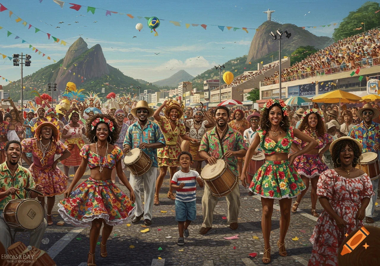 A vibrant carnival parade in Rio de Janeiro with dancers, drummers, mountains, and Christ the ...