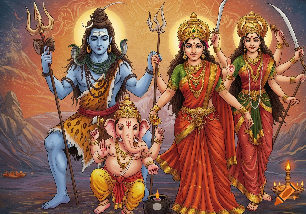 Illustration of Hindu deities Shiva, Parvati, Durga, and Ganesha on Craiyon