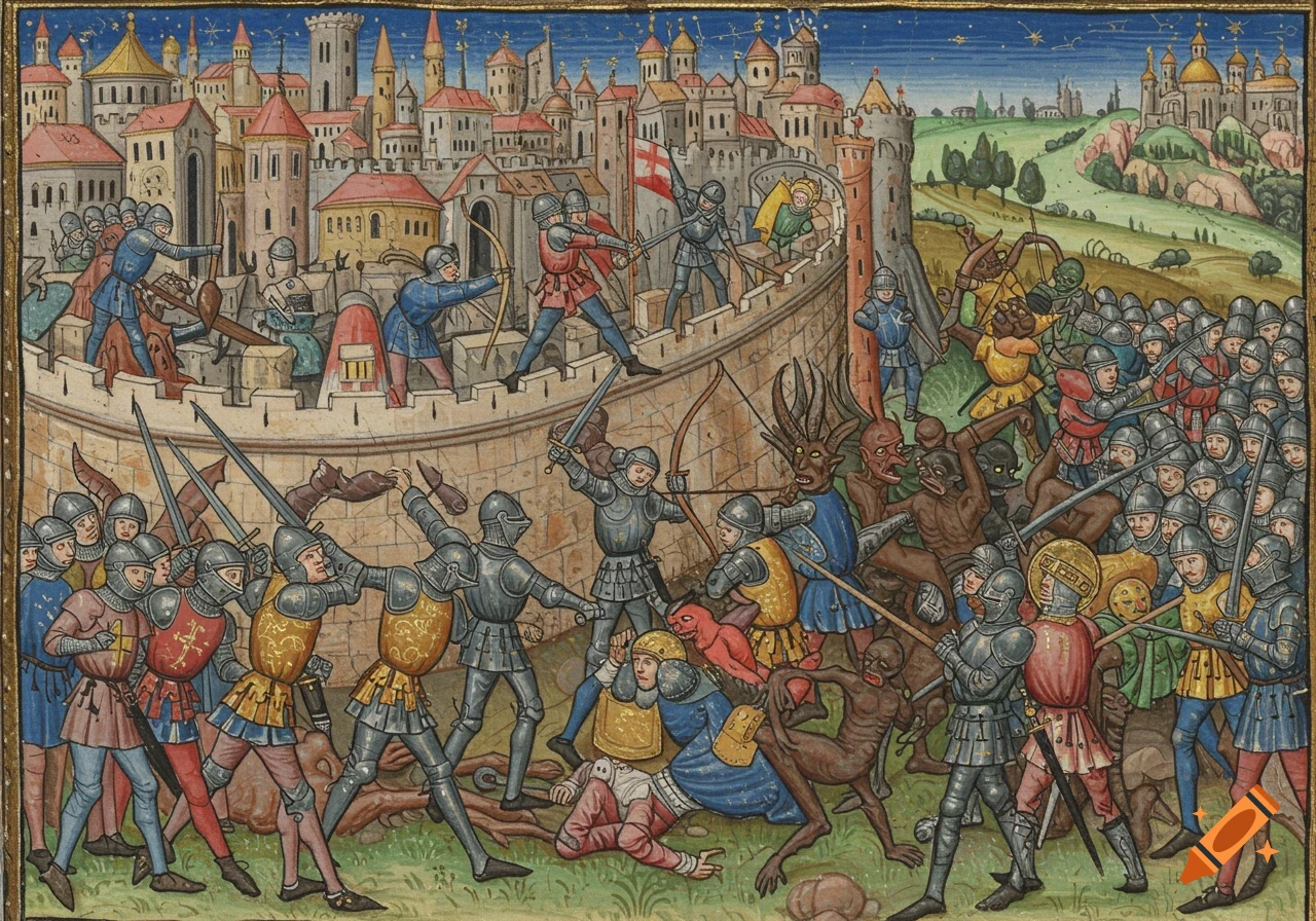 Medieval manuscript illustration of knights and archers fighting demons ...