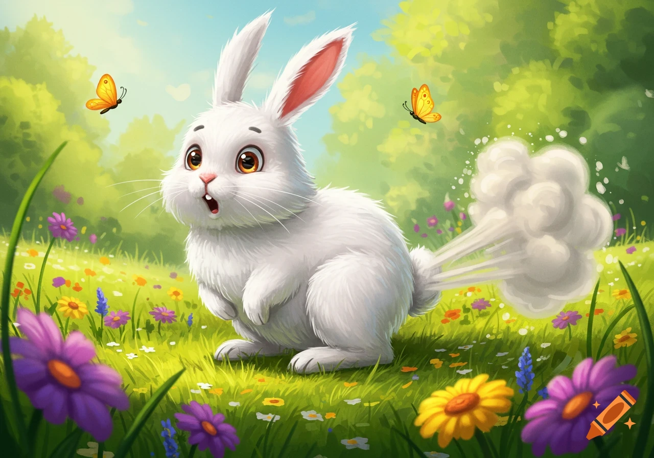 Cartoon rabbit farting in a field of flowers with butterflies on Craiyon