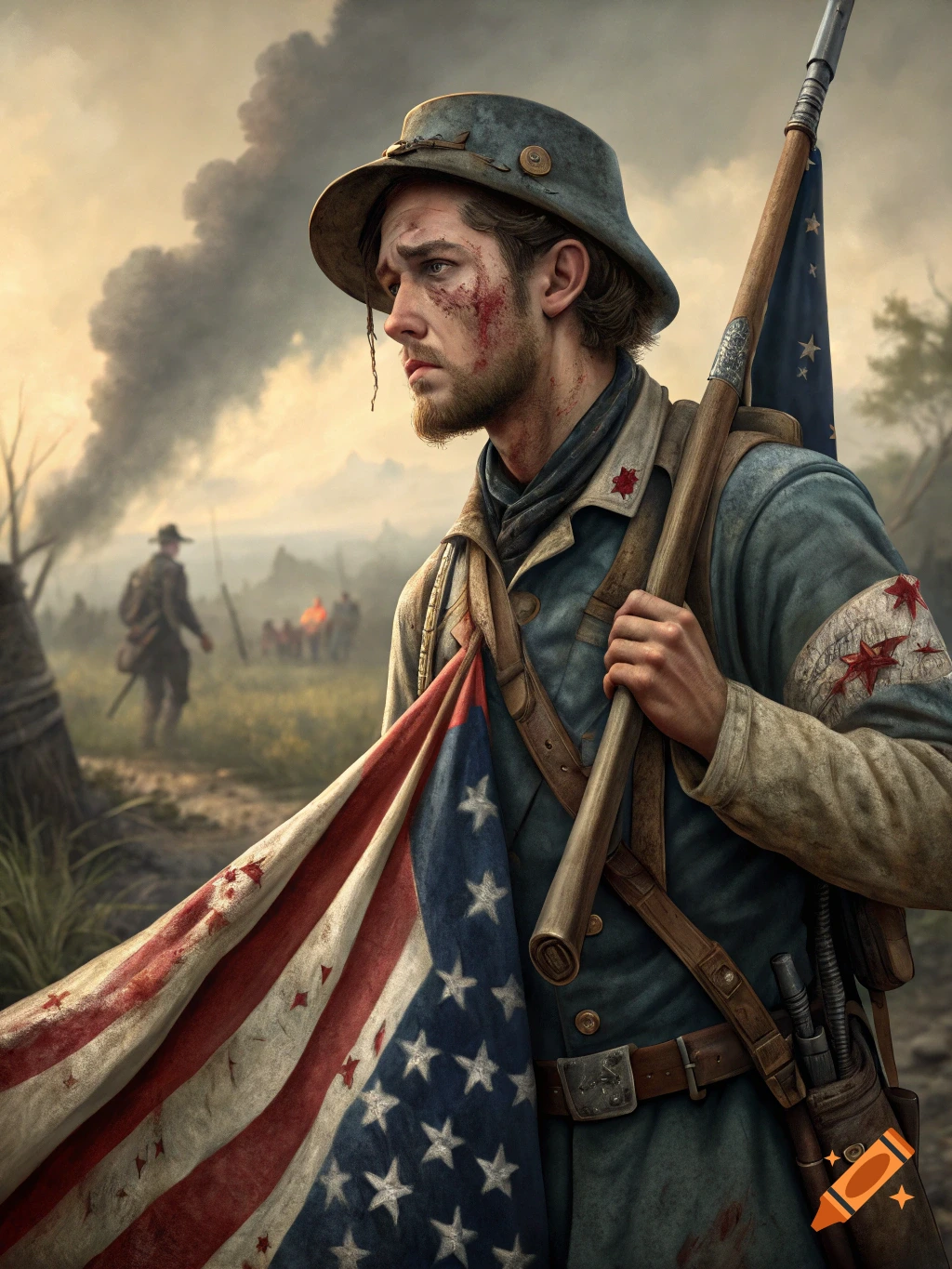 A wounded Civil War soldier holding a tattered American flag on a smoky ...