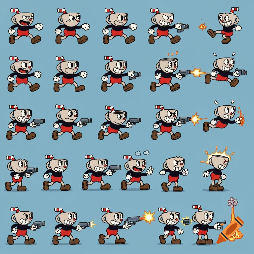 Sprite sheet of Cuphead running, jumping, and shooting. on Craiyon