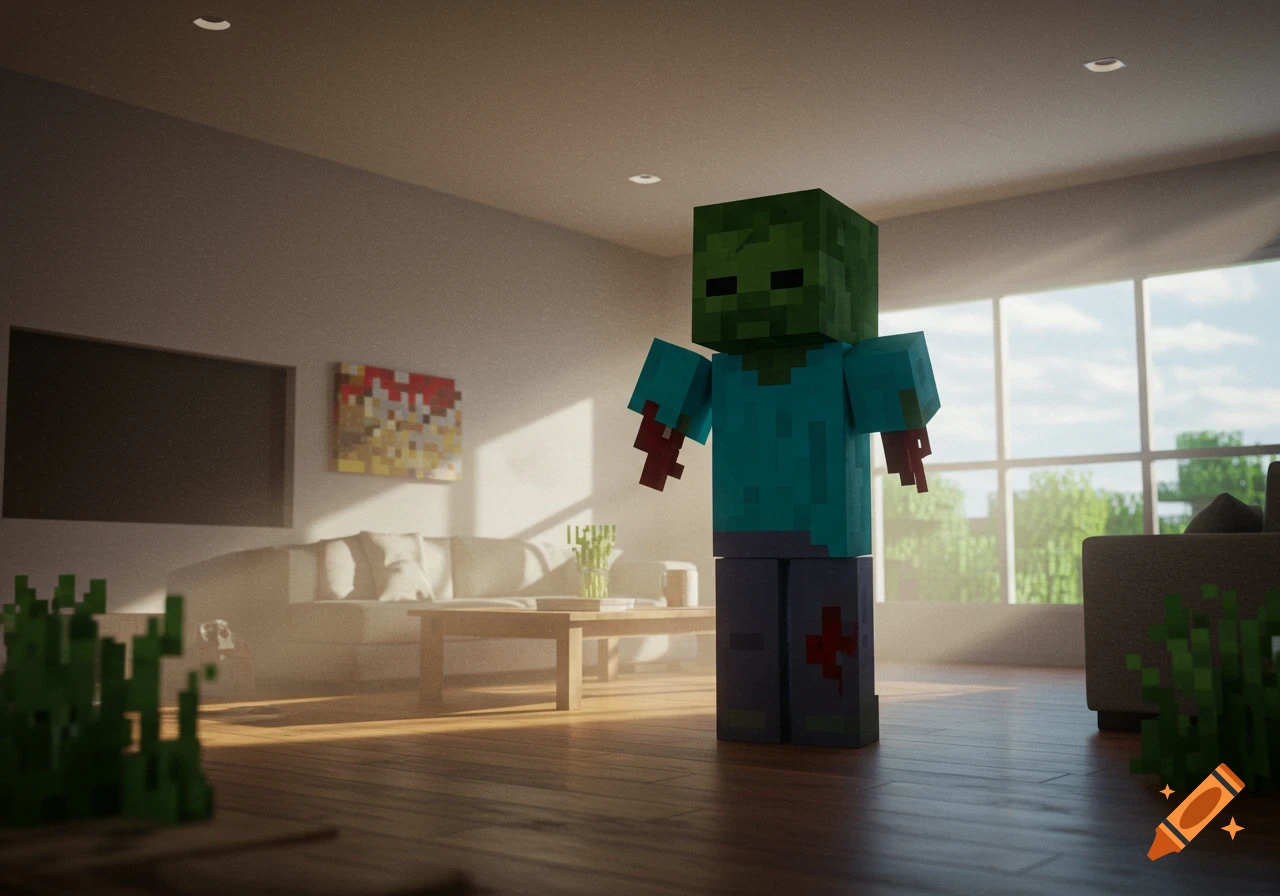 A realistic 3D render of a Minecraft zombie standing in a sunlit living ...