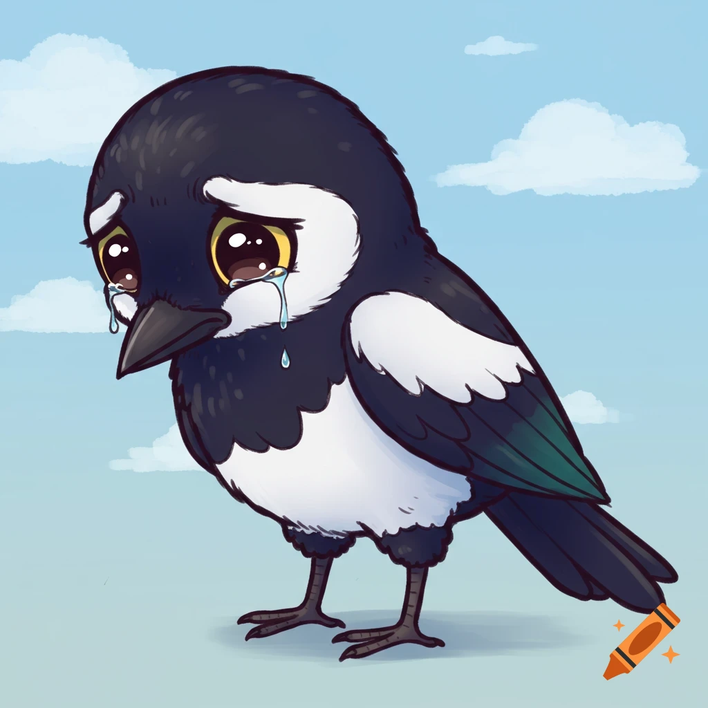 A cartoon magpie bird with big eyes cries with tears falling. on Craiyon