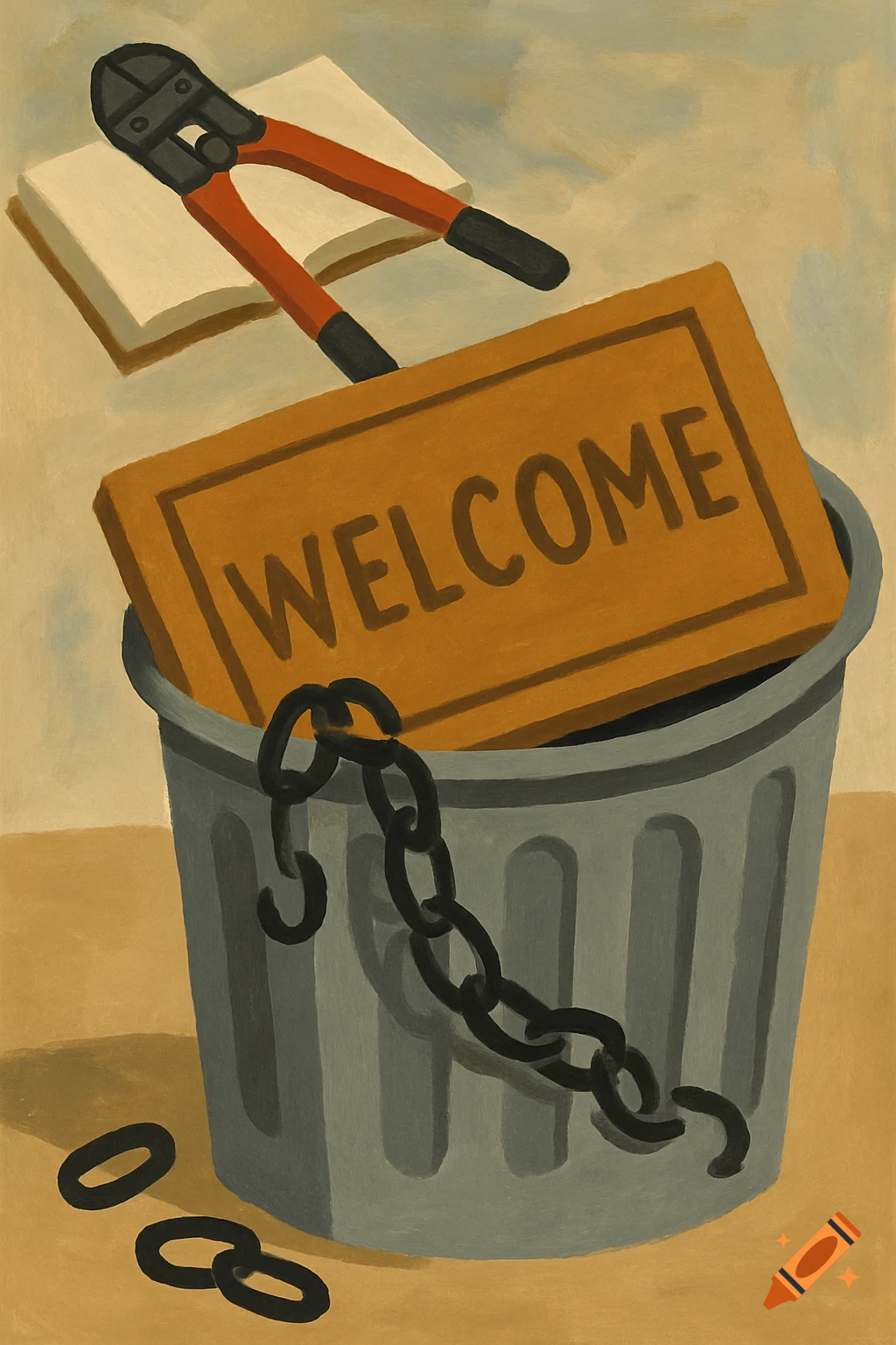 Simplistic painting of a welcome mat in a trash can with bolt cutters ...