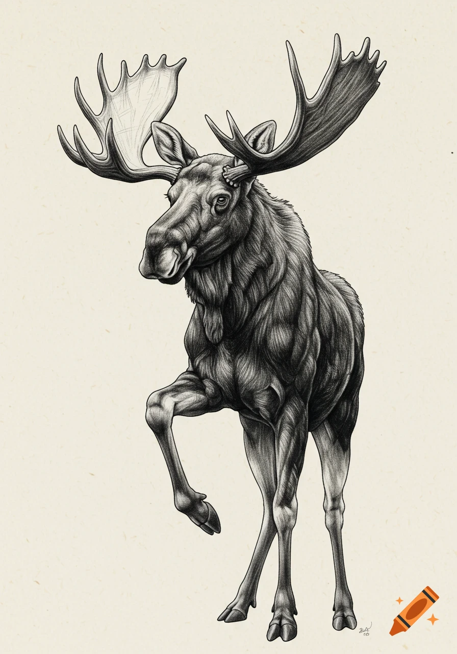 A detailed pencil drawing of a moose standing upright on its hind legs ...