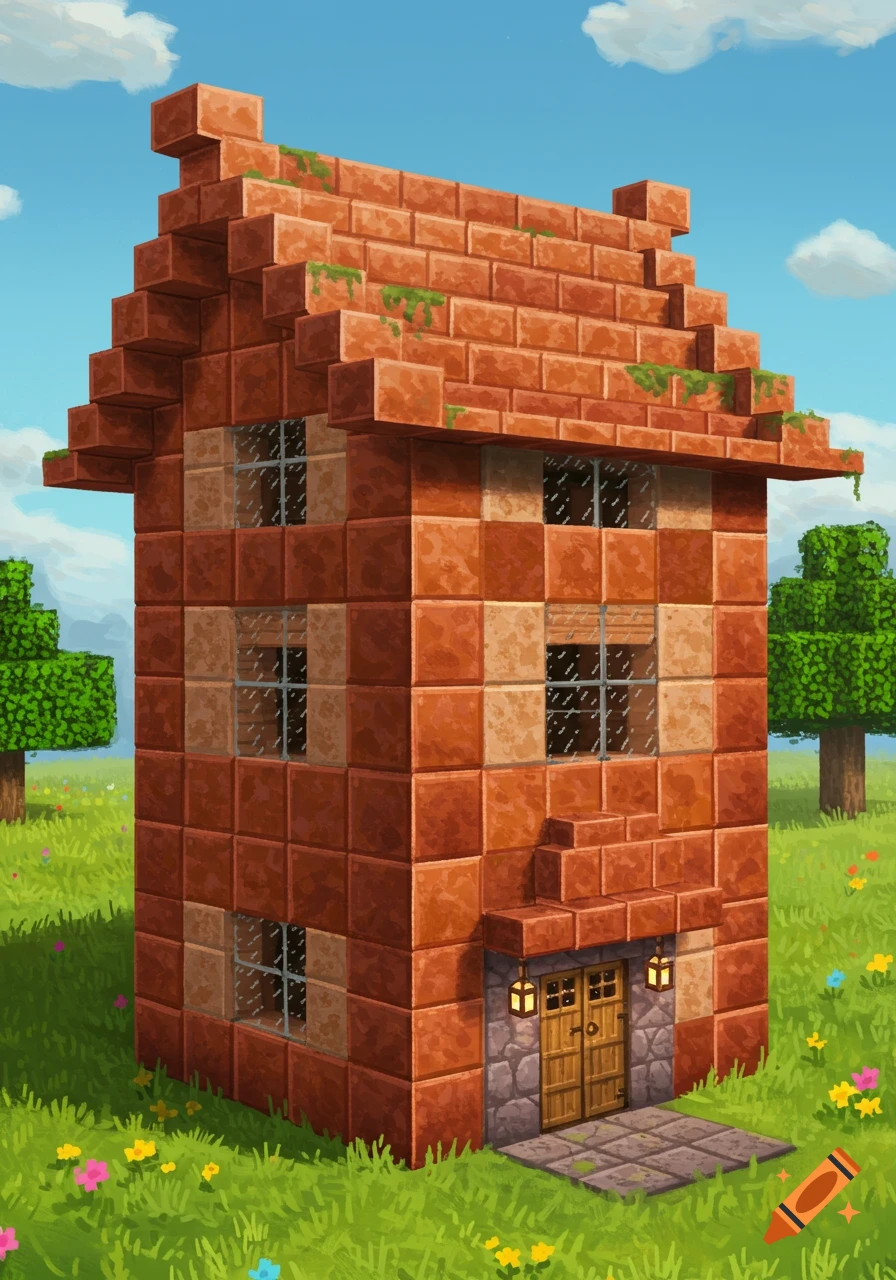 A blocky house made of copper in a grassy field with trees and flowers ...