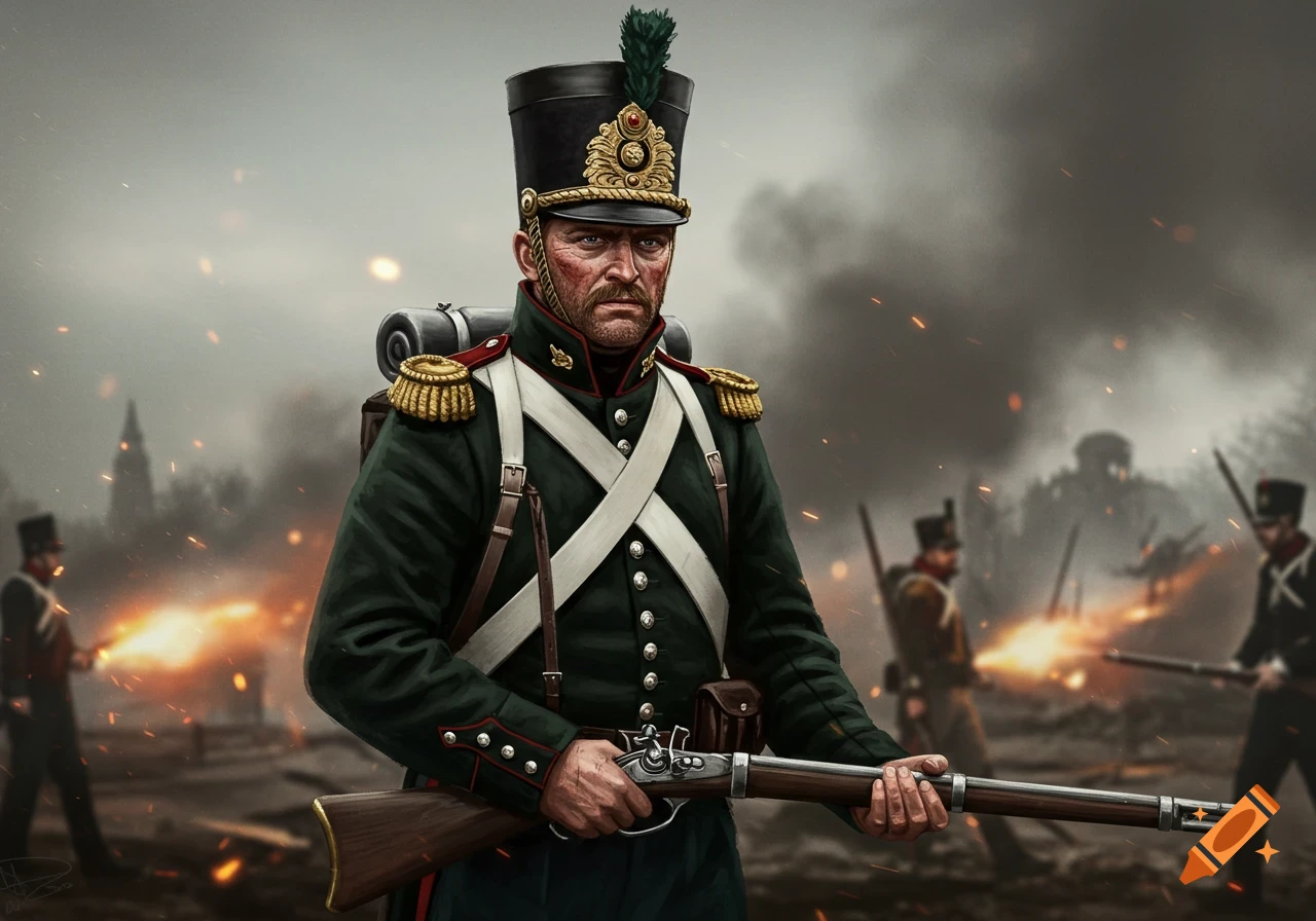 Napoleonic-era British soldier in dark green uniform stands on a smoky ...