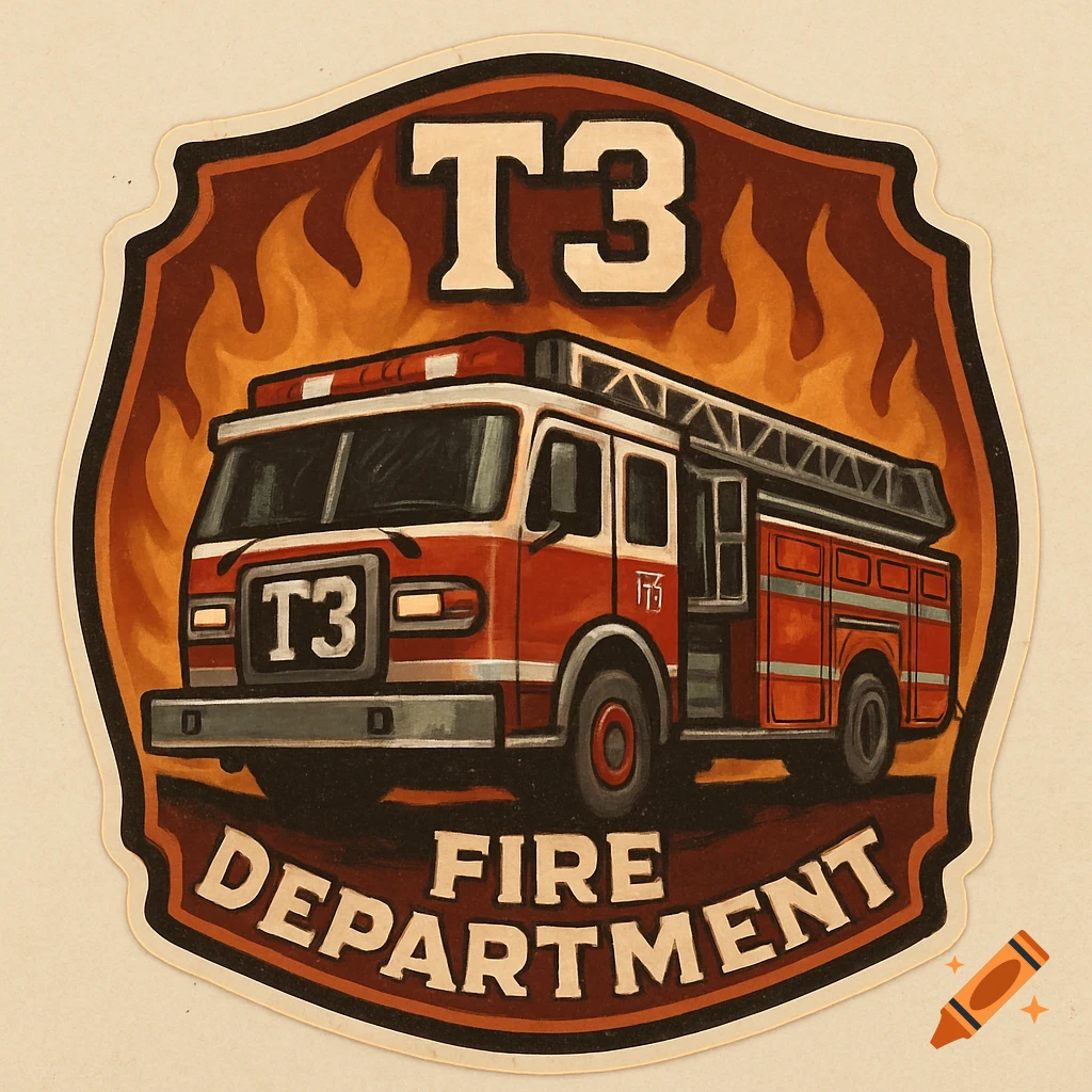 Illustration of a fire truck sticker with flames and 'T3 Fire ...