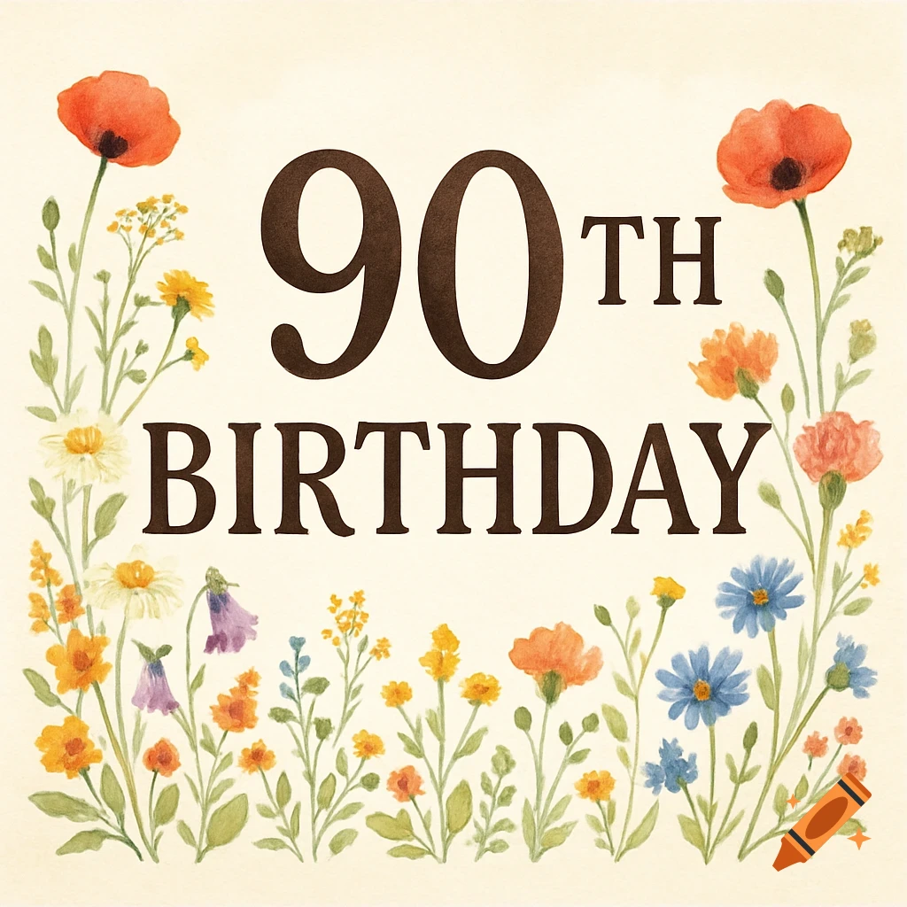 90th birthday sign surrounded by watercolor wildflowers. on Craiyon