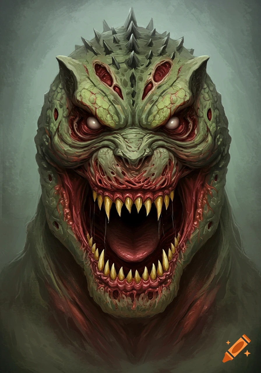 Rotten green monster face with sharp teeth and exposed flesh. on Craiyon