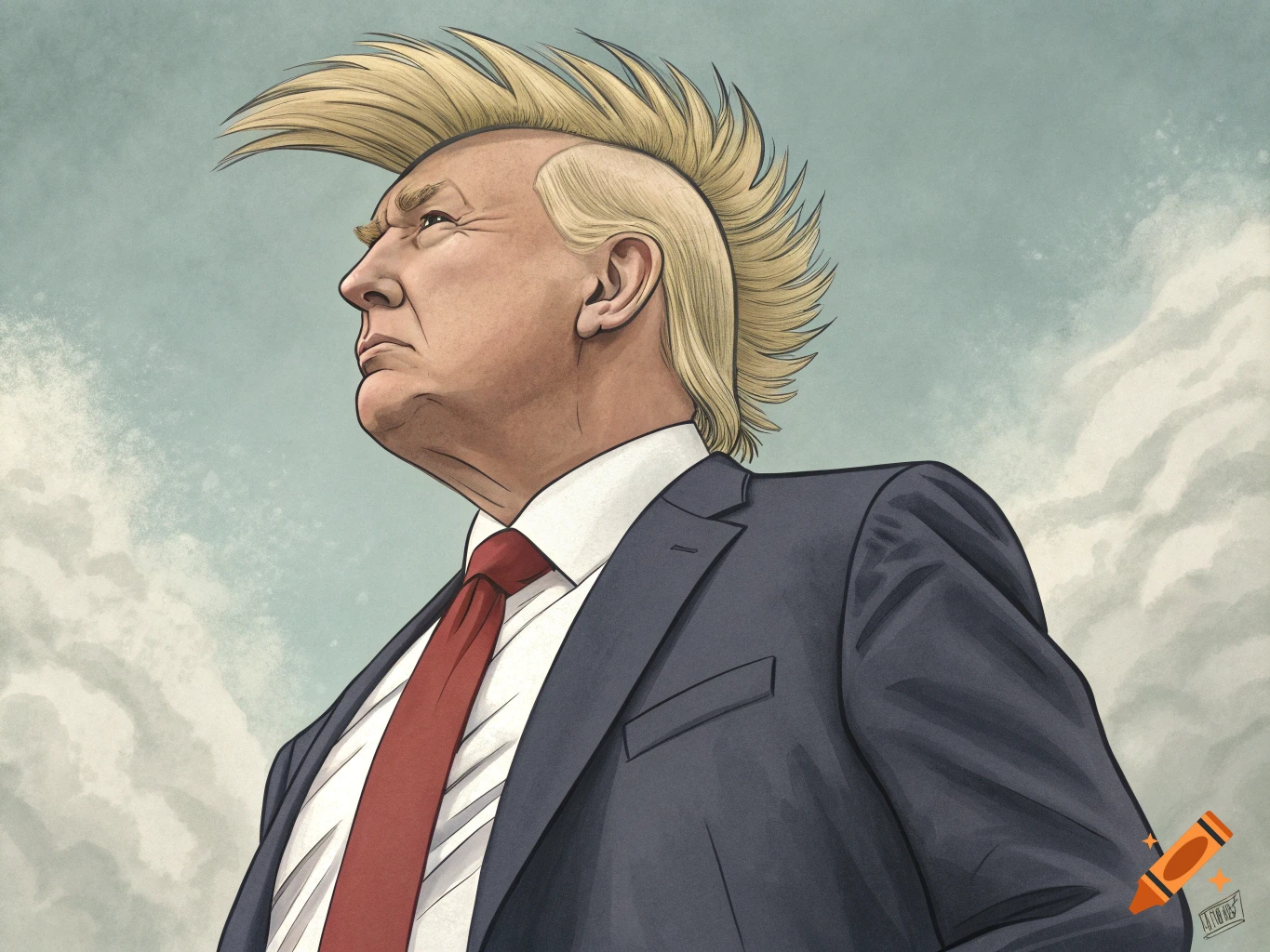 Illustration of Donald Trump with a mohawk haircut, wearing a suit. on ...