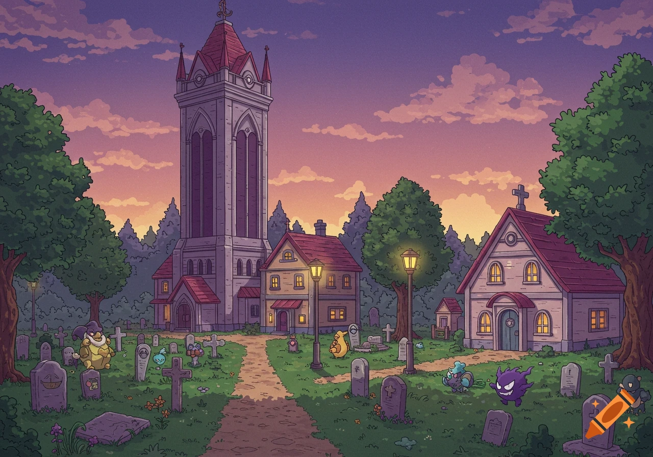 Illustration of Pokemon characters in a graveyard with a church and ...