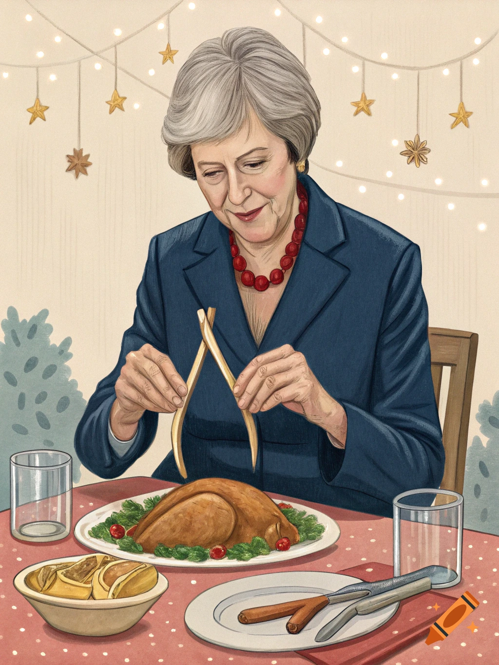 Illustration of Theresa May breaking a wishbone over a turkey dinner ...