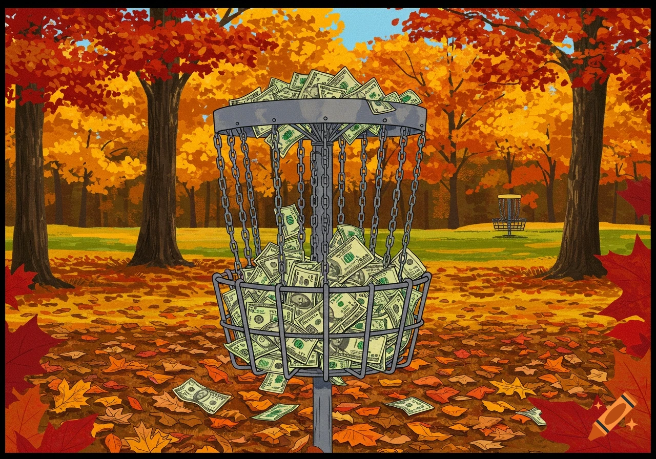 Disc golf basket overflowing with money in an autumn park with fallen ...