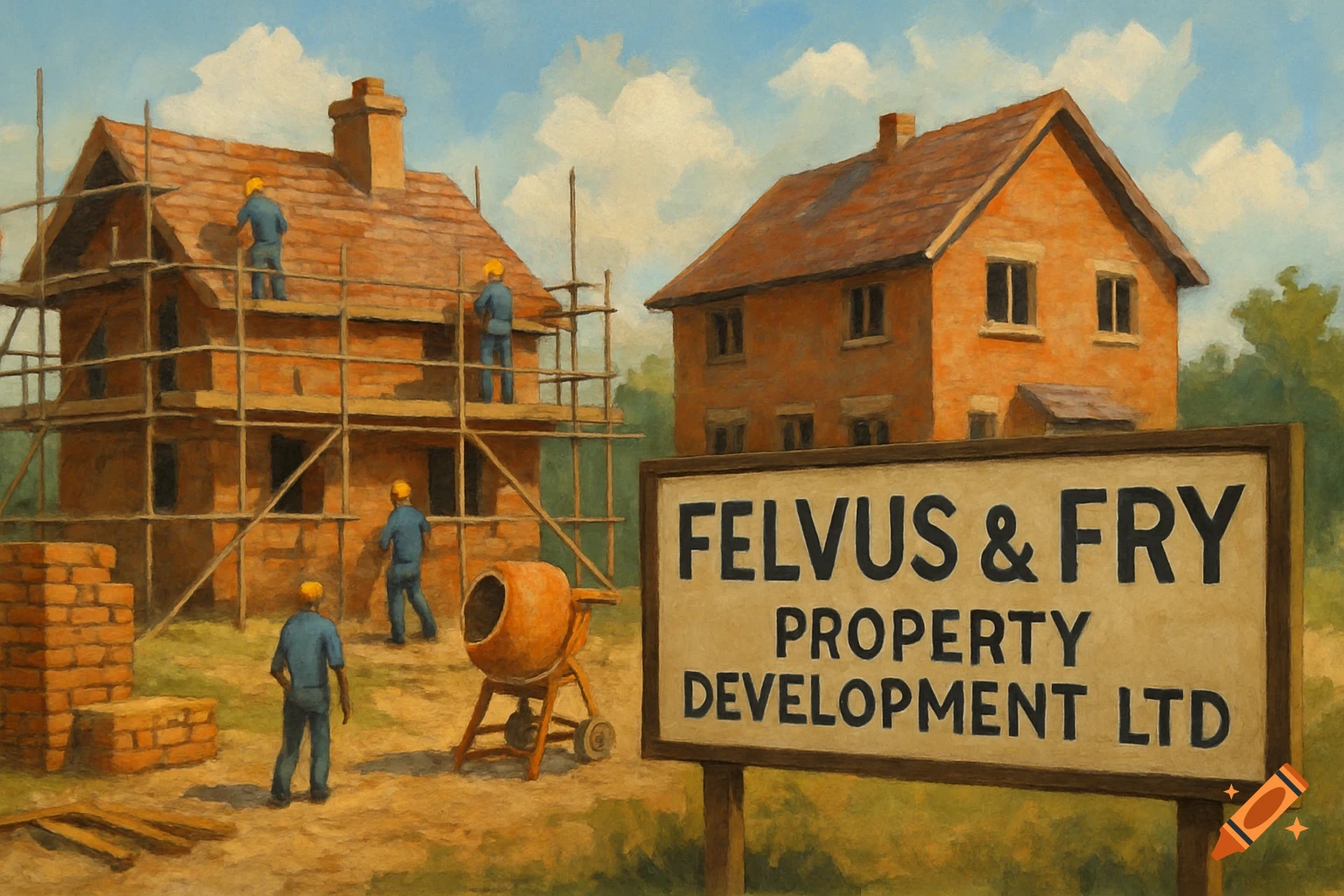 Painting of houses under construction with workers and a sign reading ...