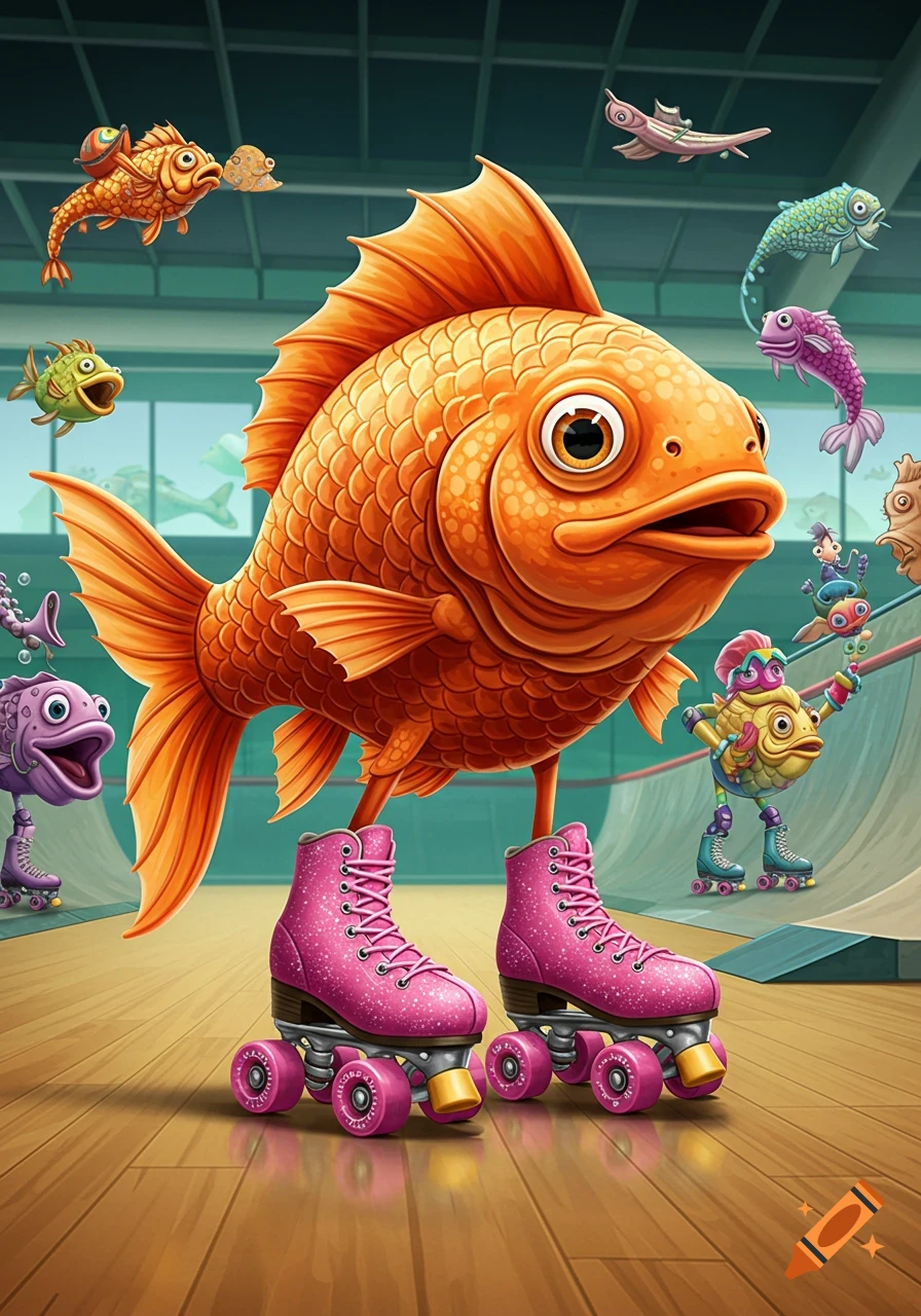 A large cartoon goldfish with legs and pink roller skates stands in a ...