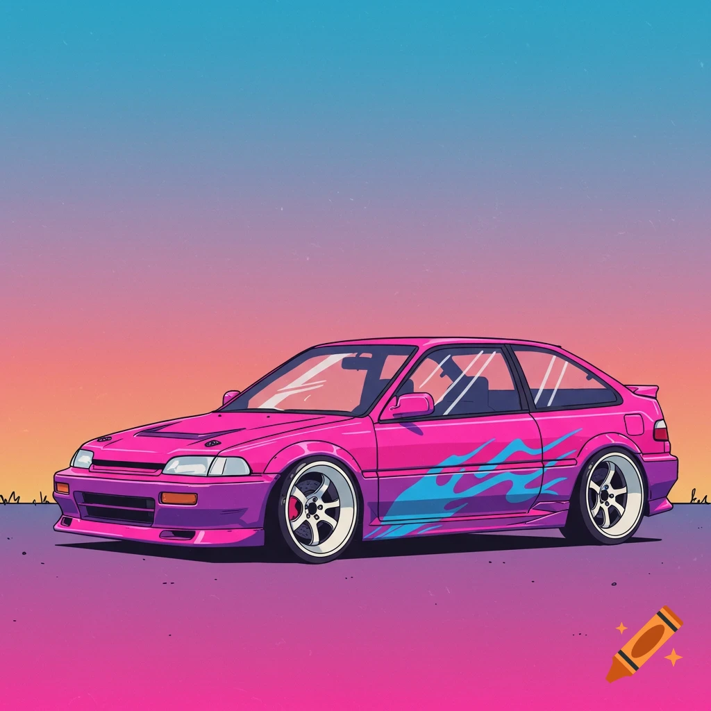 Cartoon illustration of a pink JDM car with blue flame graphics under a ...