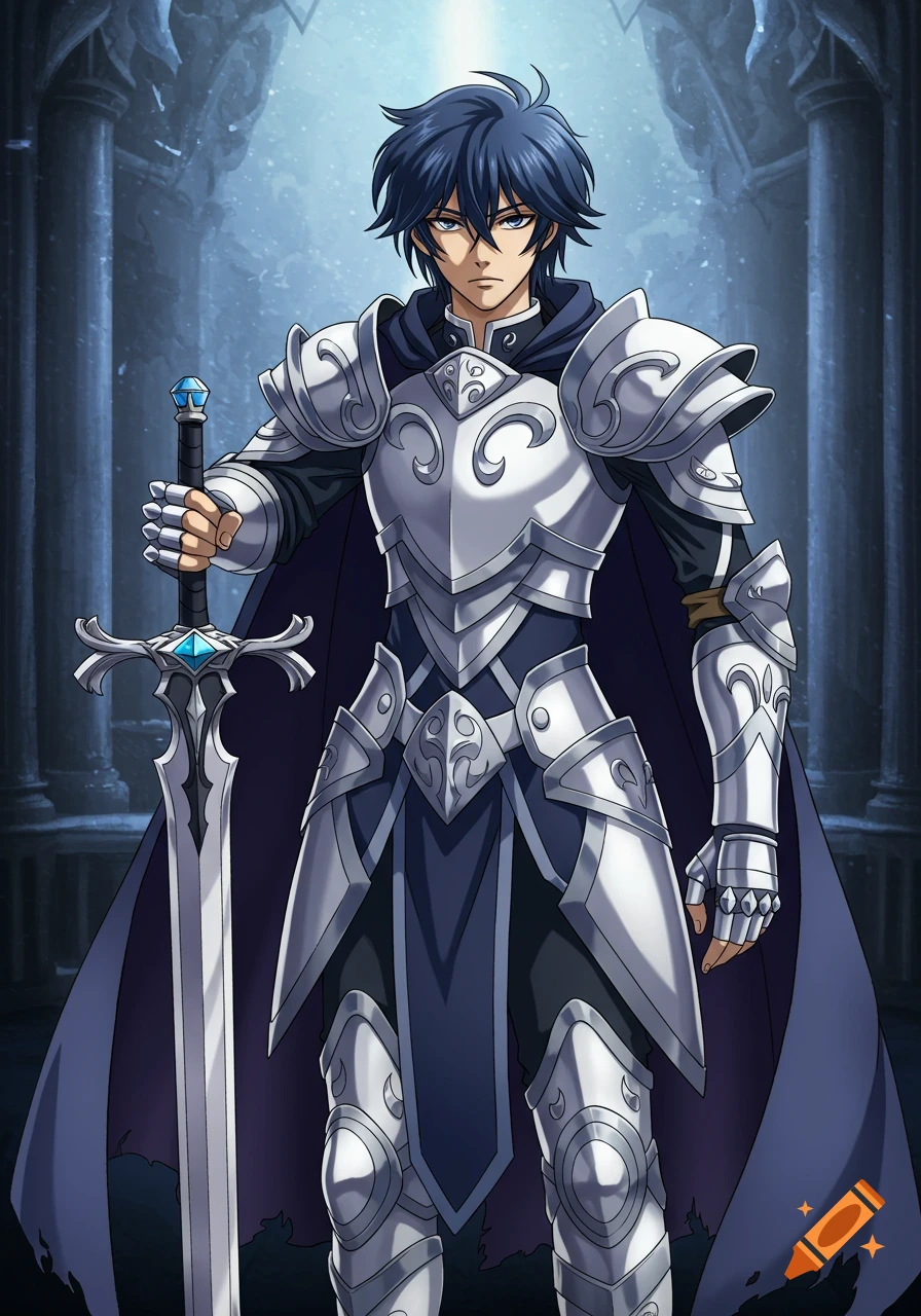 Anime style portrait of a knight in silver armor holding a sword on Craiyon