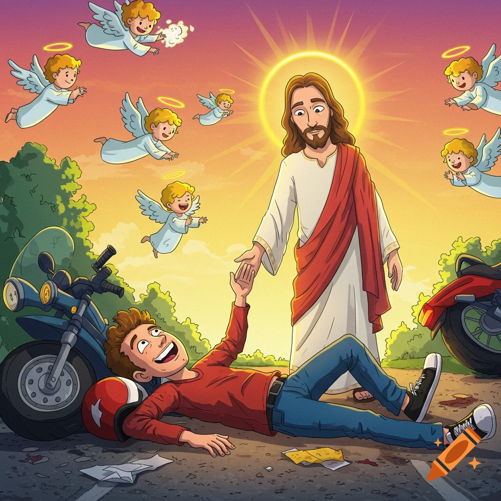 Cartoon of Jesus helping a man after a motorcycle accident, with angels ...