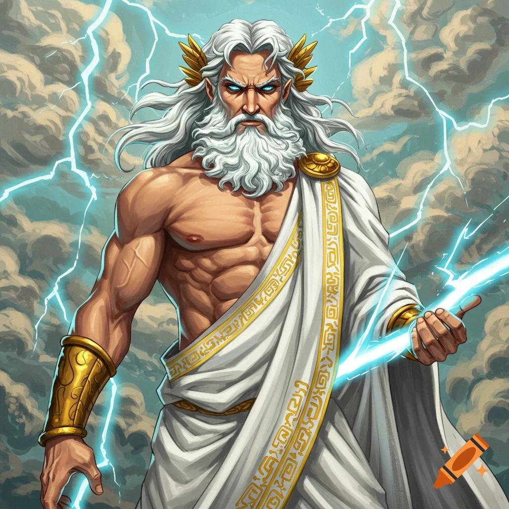 Powerful illustration of Zeus with a beard and toga, holding lightning ...
