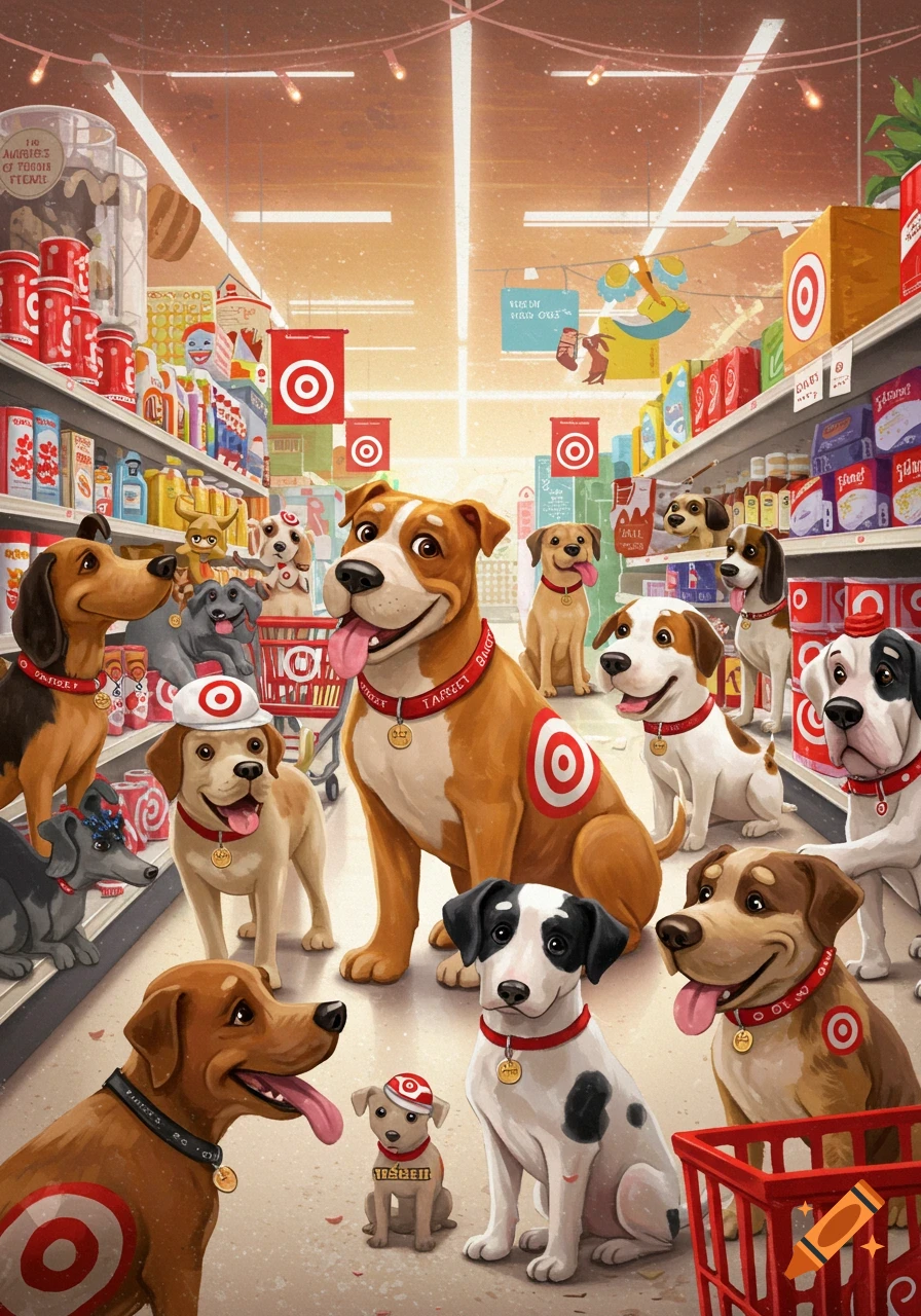 Cartoon illustration of many dogs, some with Target logos, standing in ...