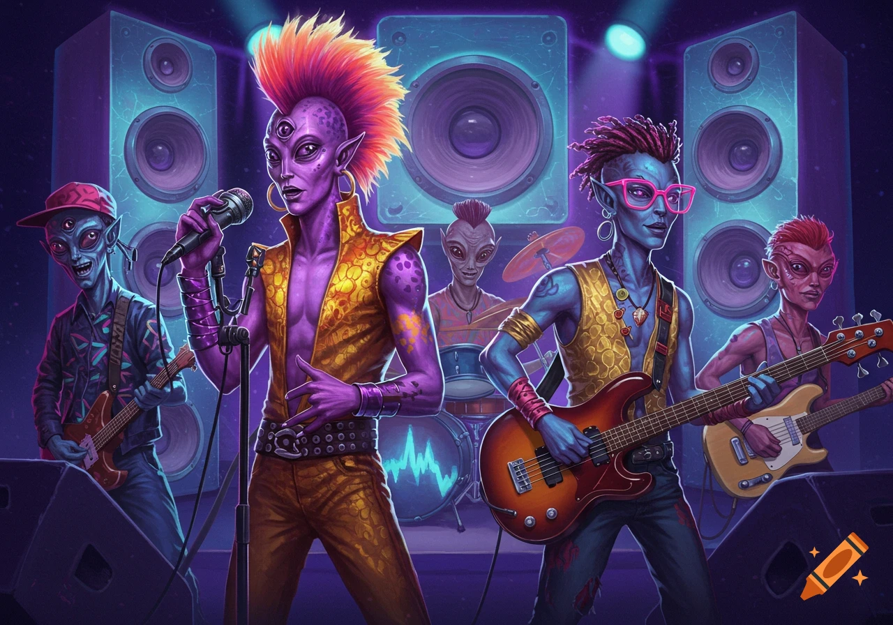 Colorful multi-eyed alien band performs on stage with instruments and ...