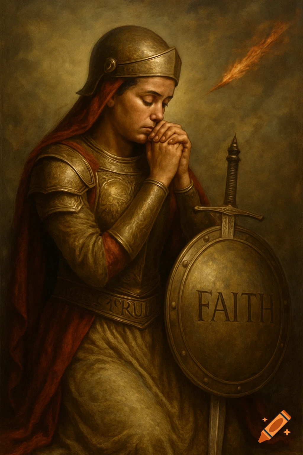 Person in golden armor kneels in prayer holding a shield labeled FAITH ...