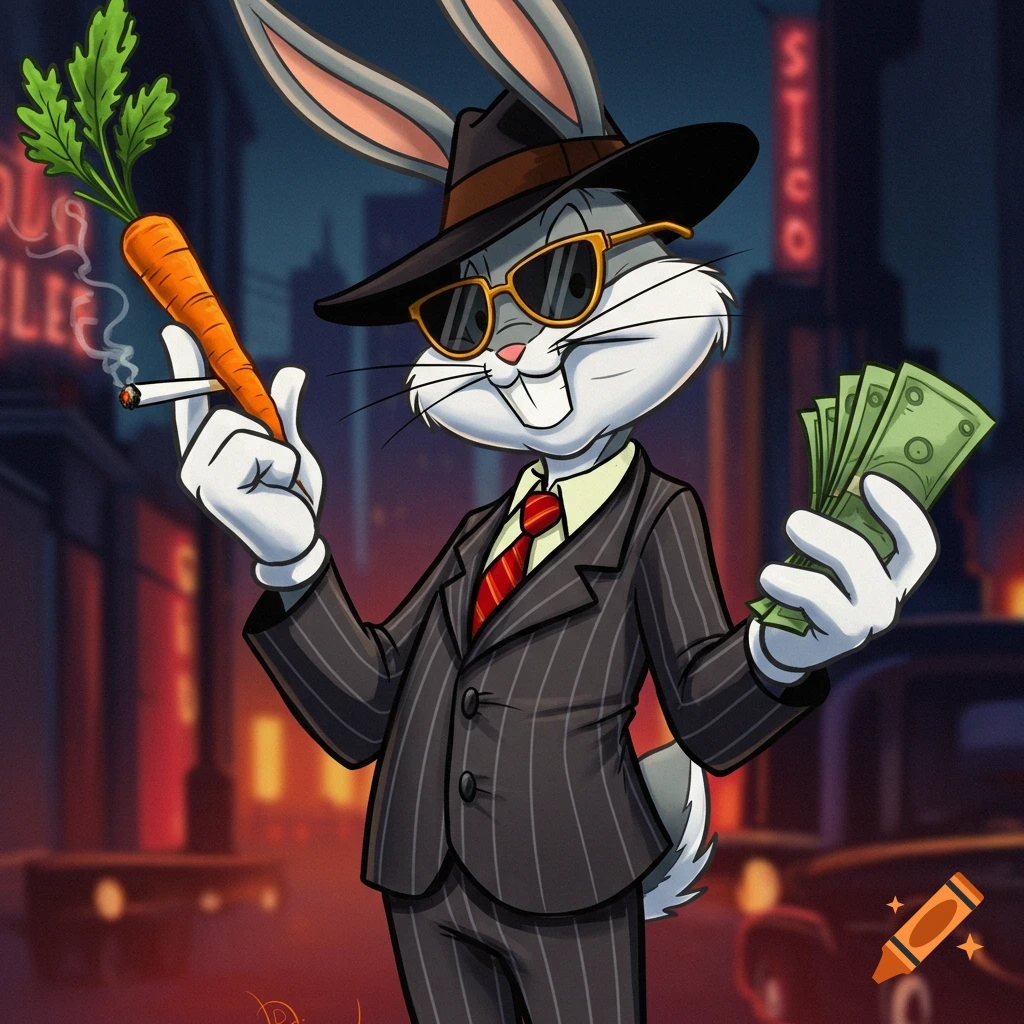 Bugs Bunny dressed as a gangster holds a carrot cigarette and money. on ...