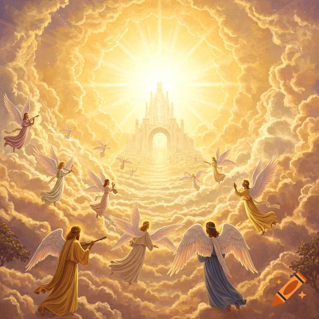 Angels float in clouds before a glowing city in heaven on Craiyon