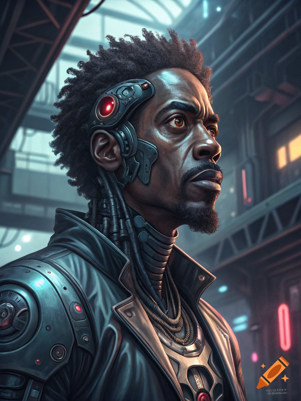 Closeup portrait of a man with cybernetic implants on his head and neck ...