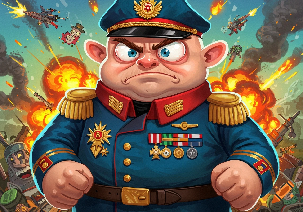 A cartoon general with an angry expression in a military uniform stands ...