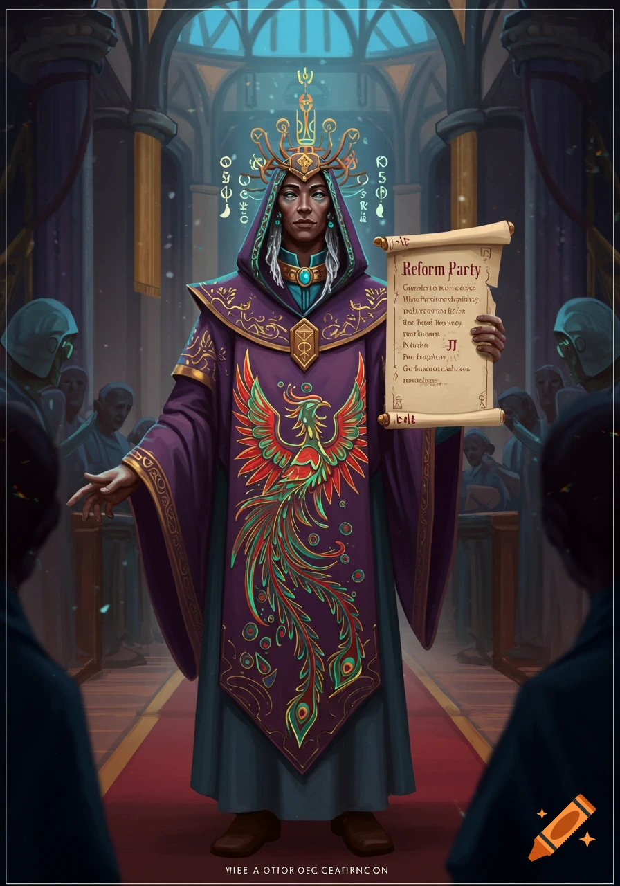 Fantasy character in purple and gold robes holding a scroll in a temple ...