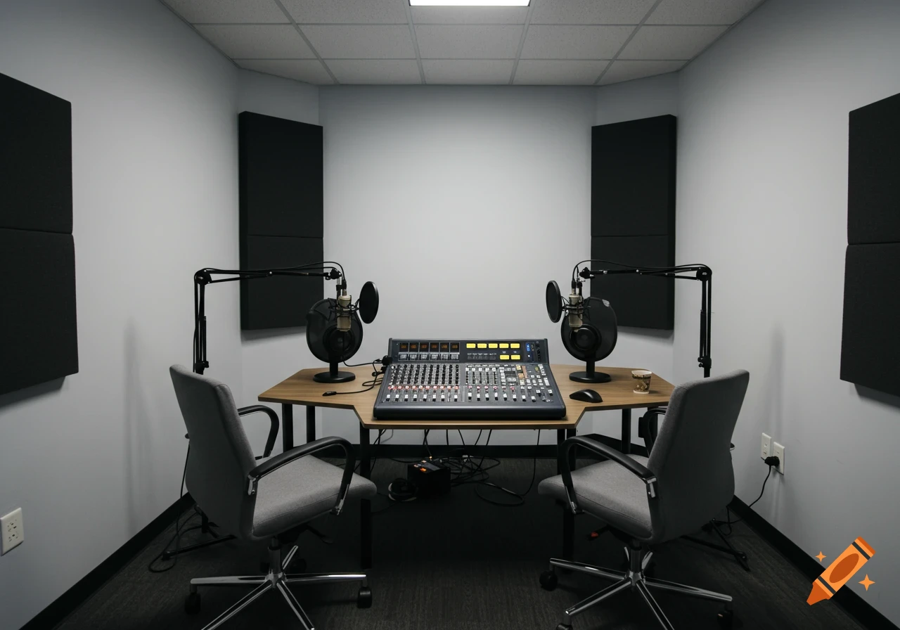 An empty podcast studio with two microphones, chairs, and a large ...
