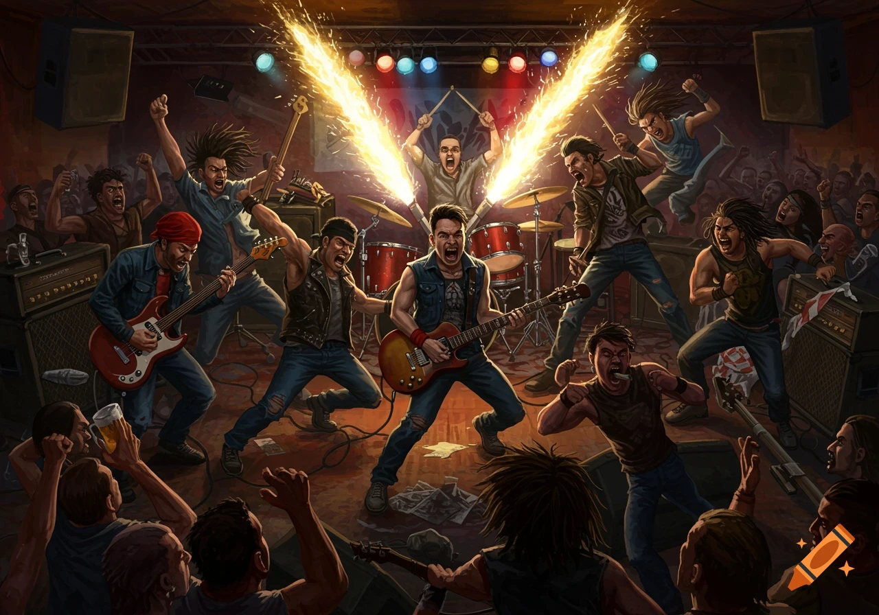 A high-energy rock band plays on stage in a bar with sparklers and ...