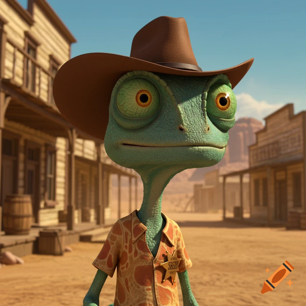 A cartoon lizard character wearing a cowboy hat and sheriff badge ...