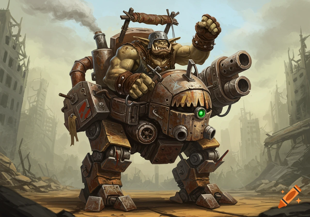 An orc in a rusty scrap mech stands in a ruined city landscape, digital ...