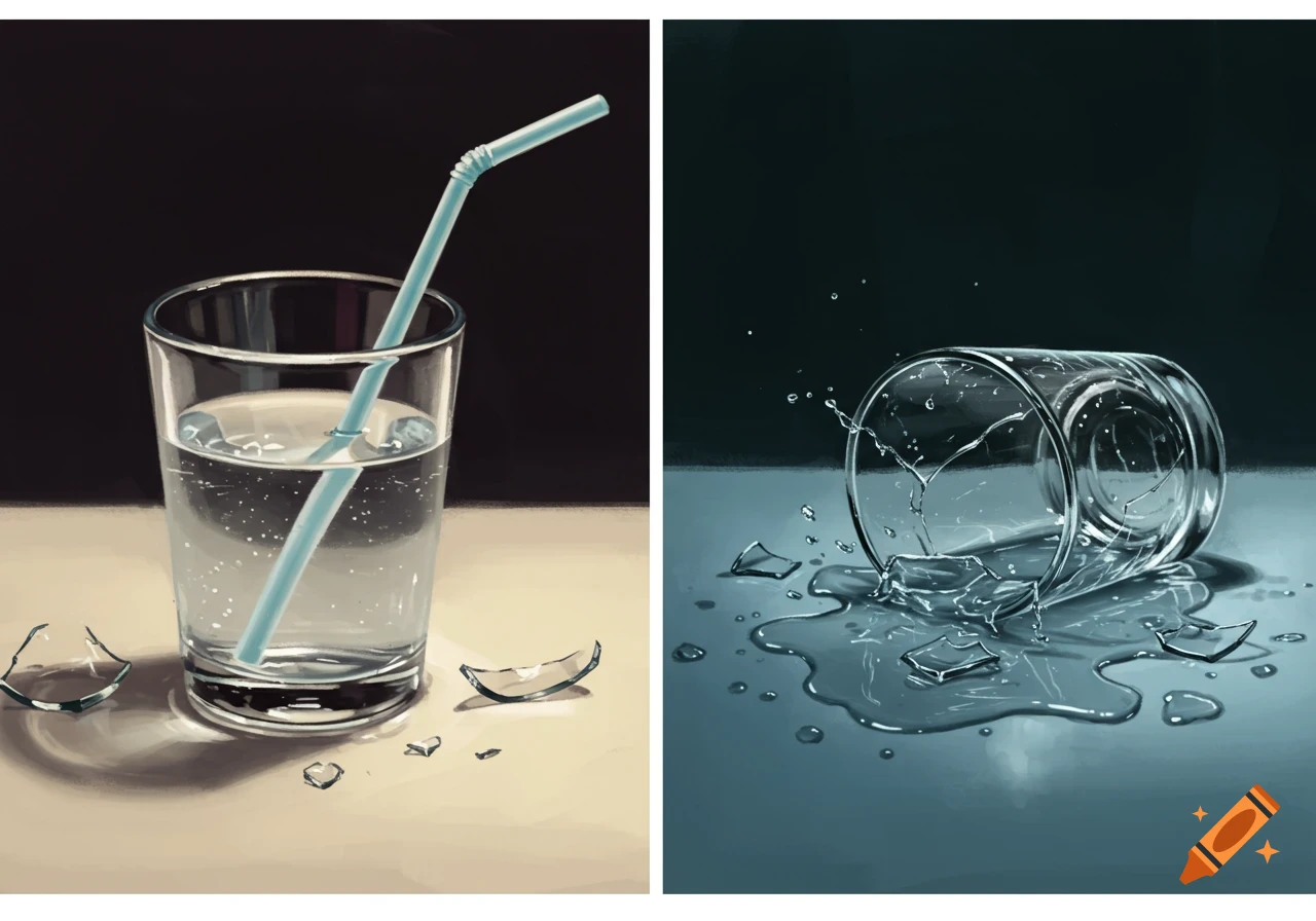 A two-panel illustration: A full glass of water with a straw, next to a ...