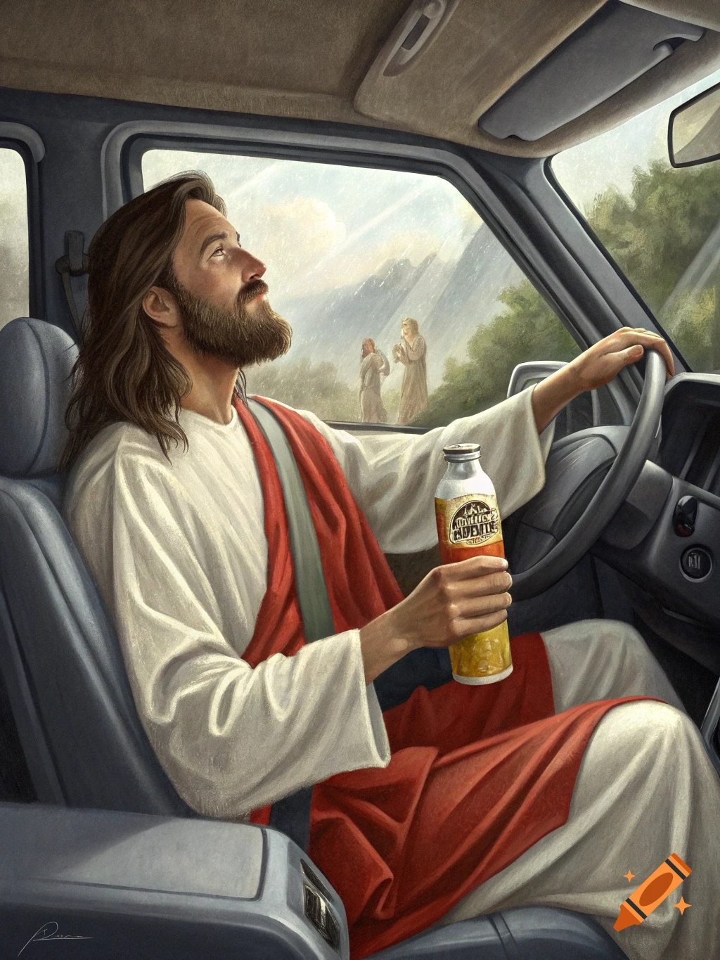 Illustration of Jesus driving a Land Cruiser and holding a beer bottle ...