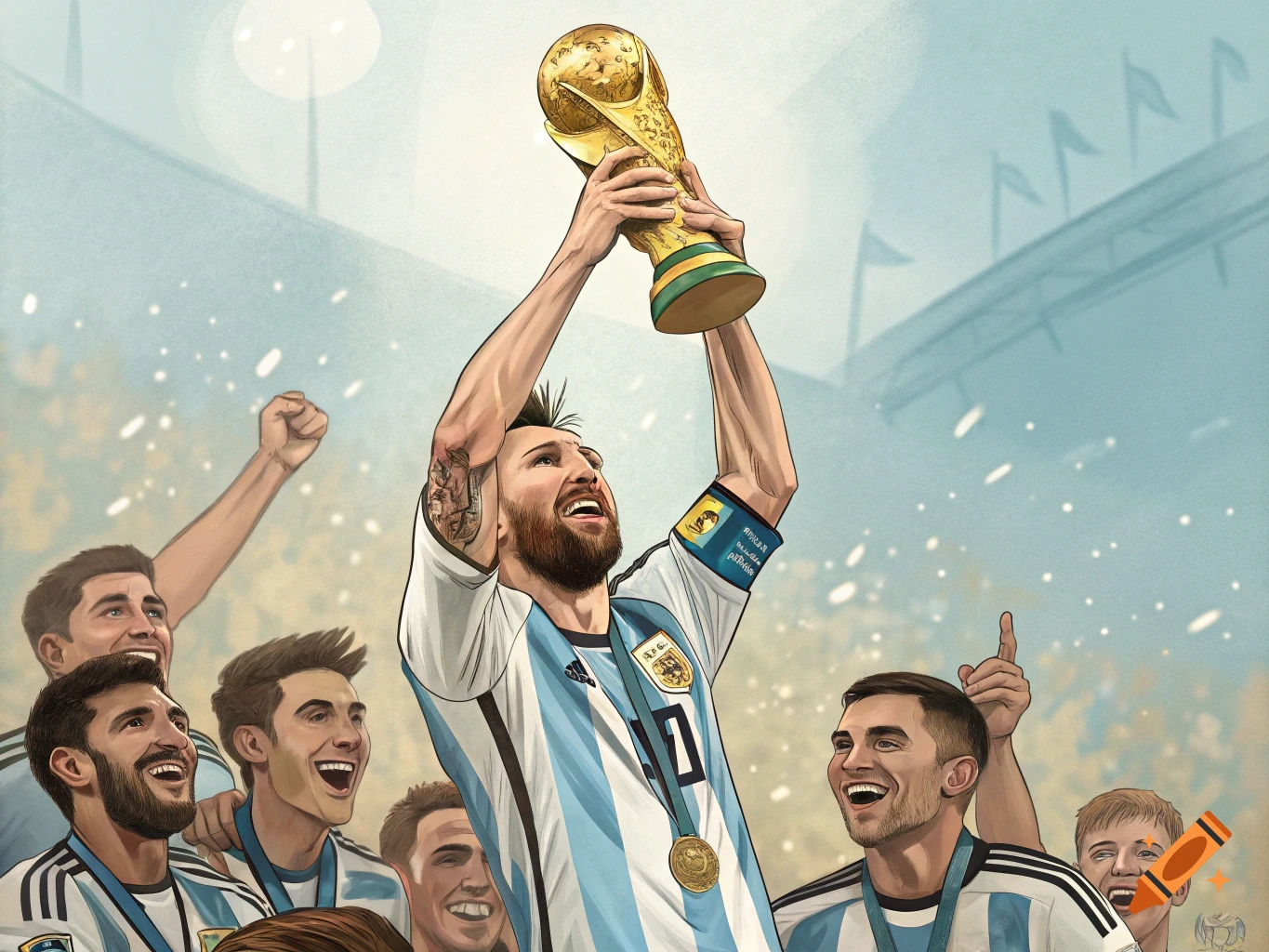 Illustration of Lionel Messi lifting the World Cup trophy with ...