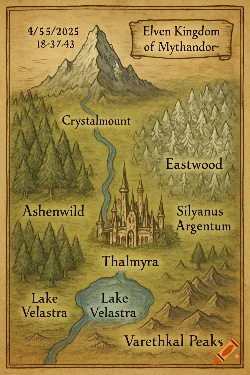 Illustrated fantasy map with mountains, a river, a lake, forests, a ...