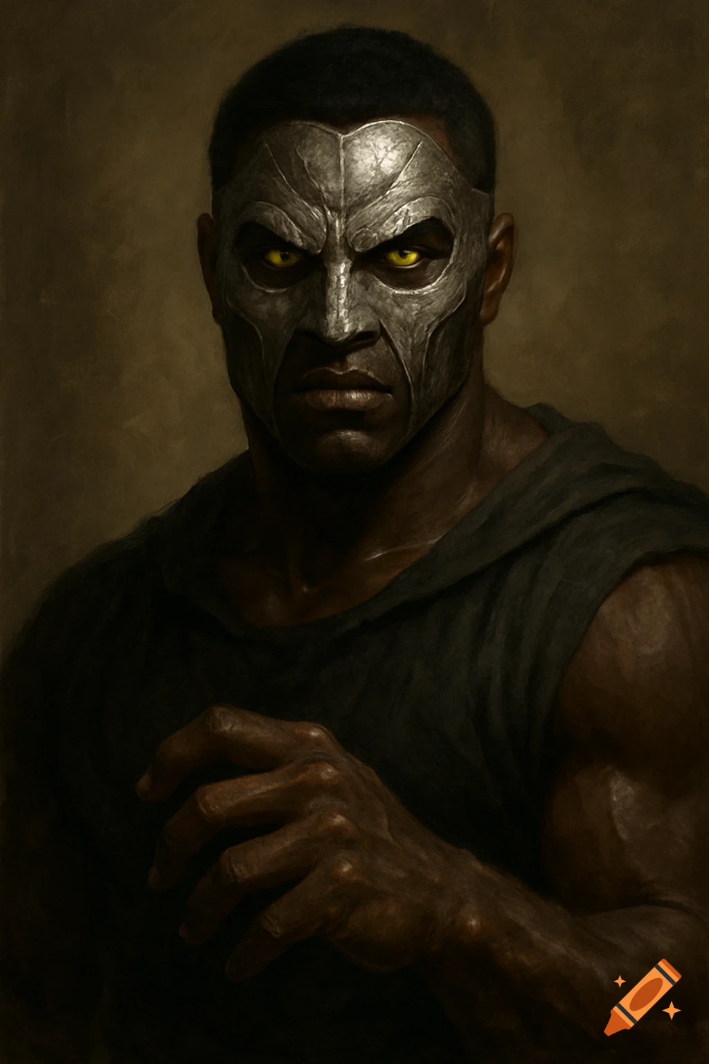 Portrait of a dark-skinned man wearing a silver, metallic mask, with ...