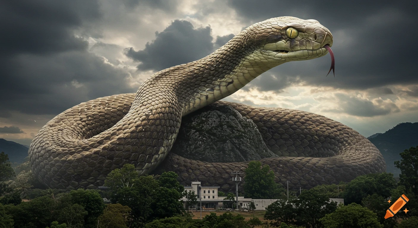 A giant photorealistic snake coils around a rock under a dark, cloudy ...