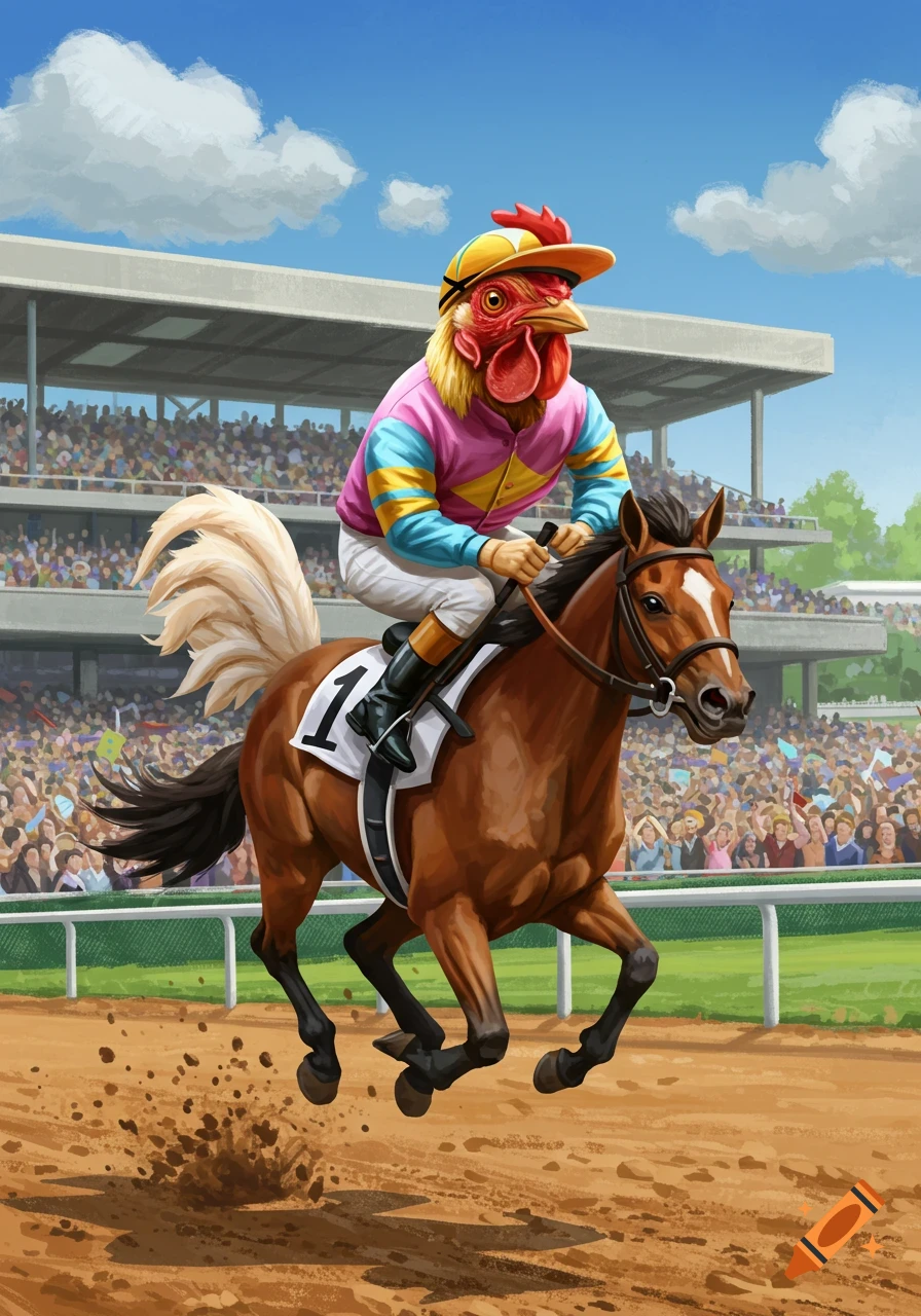 Illustration of a chicken dressed as a jockey riding a racehorse on a ...