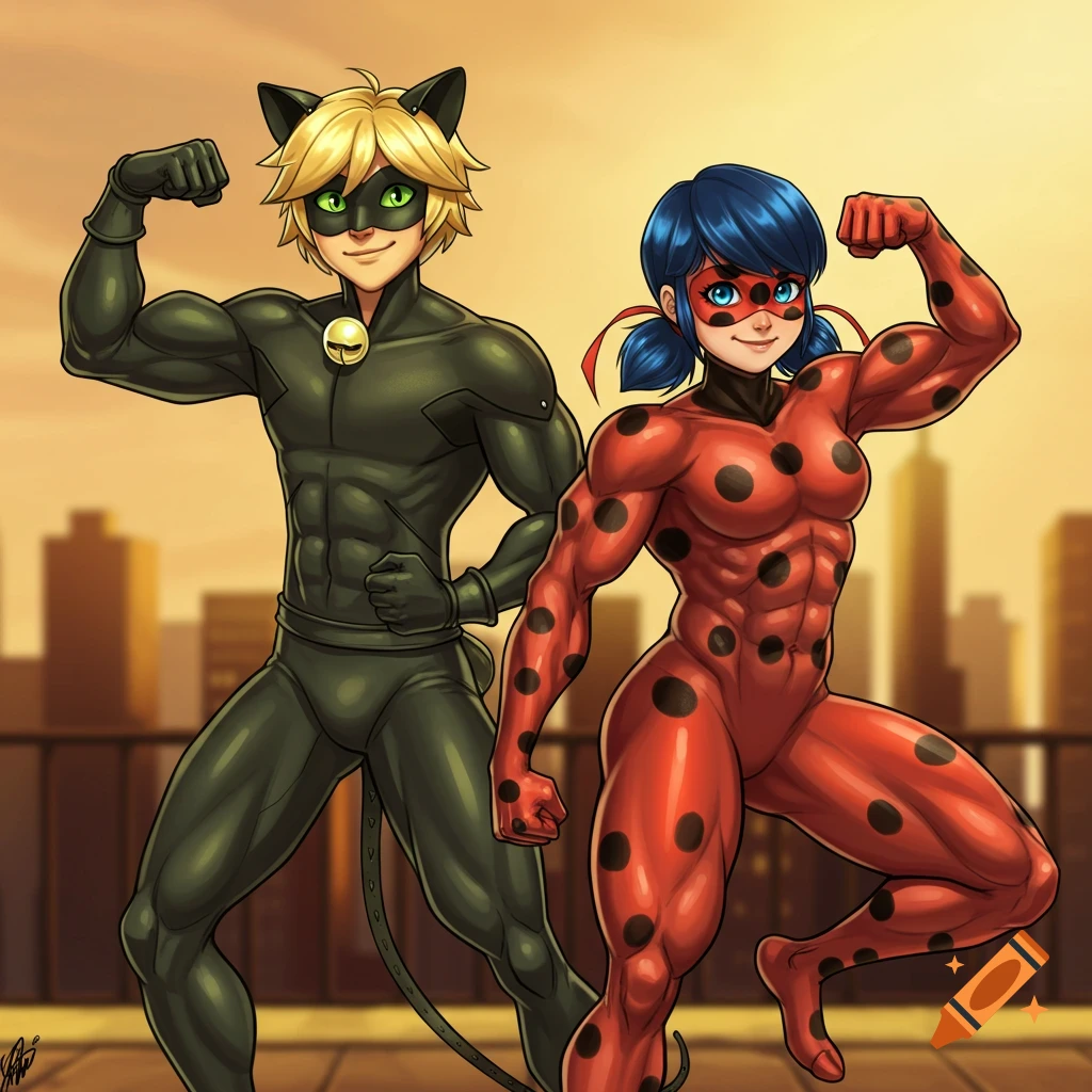 Buff Chat Noir and Ladybug pose and flex muscles on Craiyon
