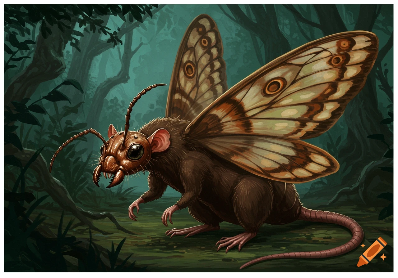 Bug monster with ant face, rat body, and moth wings in a forest. on Craiyon