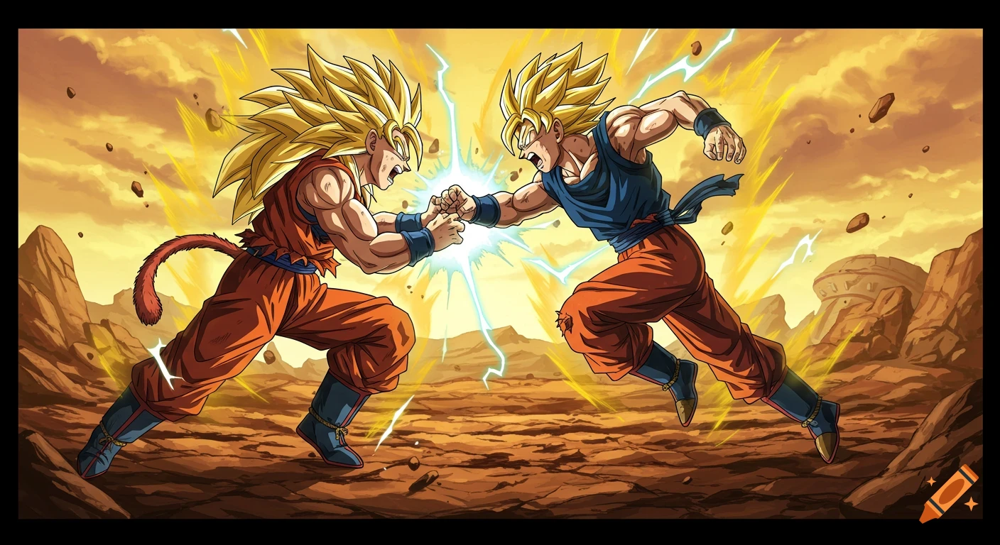 Two Super Saiyans fight in a desert landscape, anime style. on Craiyon