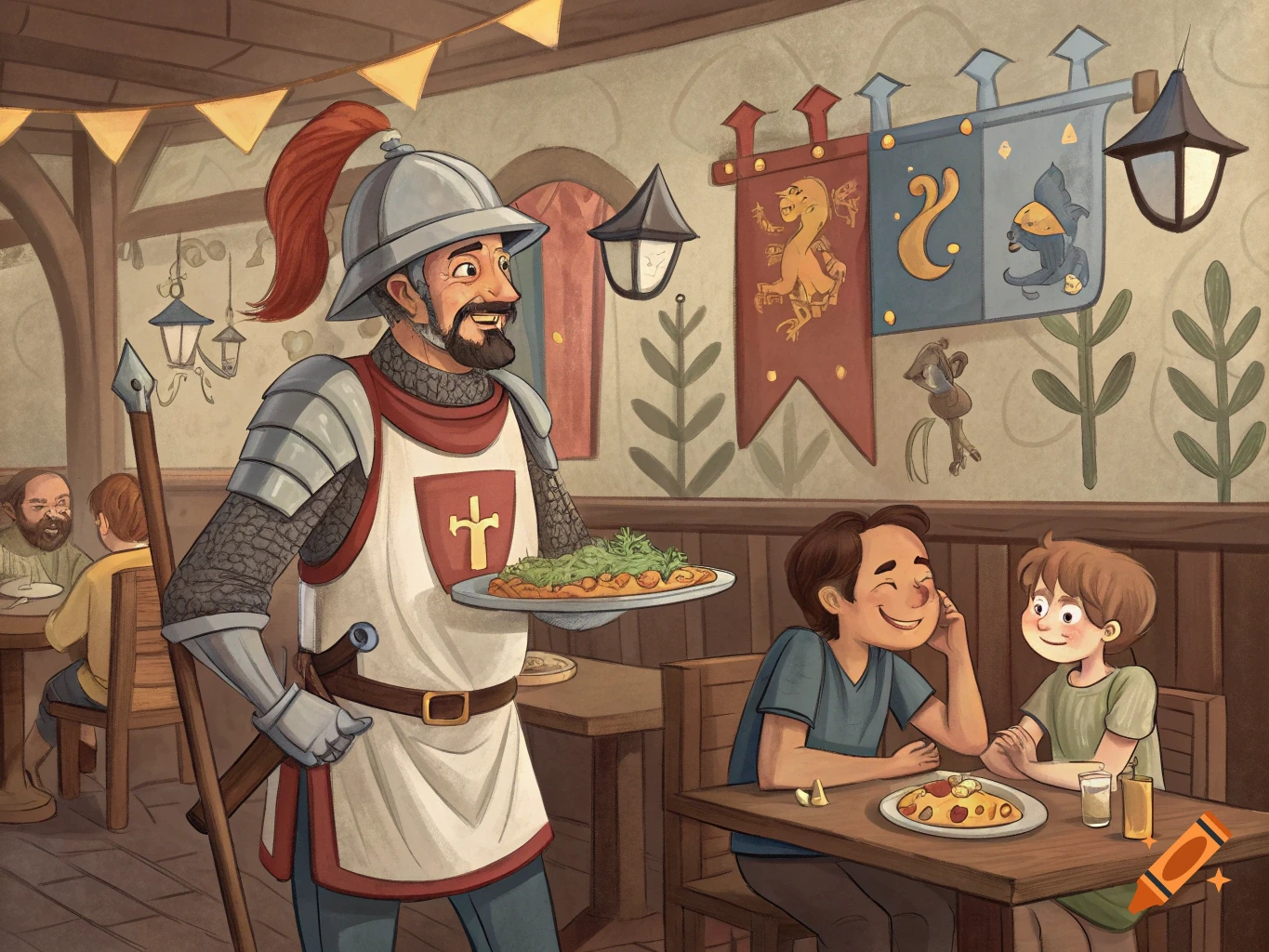 An illustration of a knight serving food to children in a fantasy ...