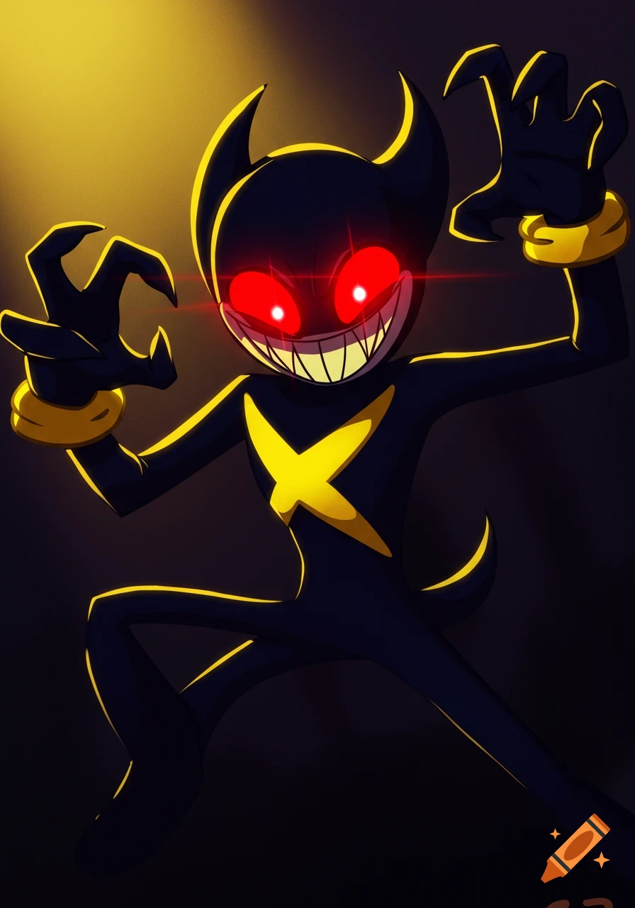 A dark stylized cartoon character with red glowing eyes, sharp teeth ...